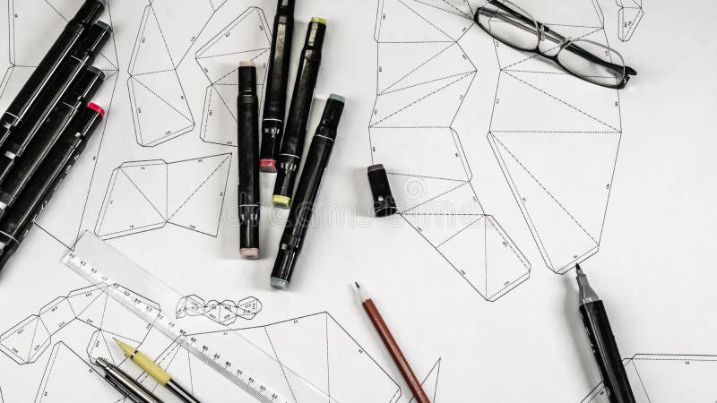 Workplace of a Toy Designer. Markers, Ruler, Pen and Pencil are on the ...