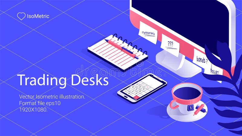 Workplace Trader Illustration, Work Desk Banner, Isometric Illustration ...