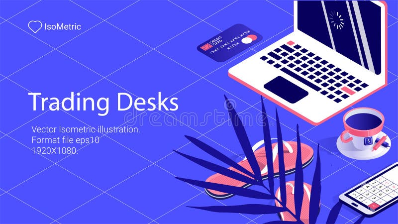 Workplace Trader Illustration, Work Desk Banner, Isometric Illustration ...