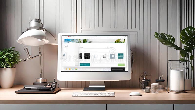 Workplace in Trendy Living Room Interior with Table, Modern Computer, a ...