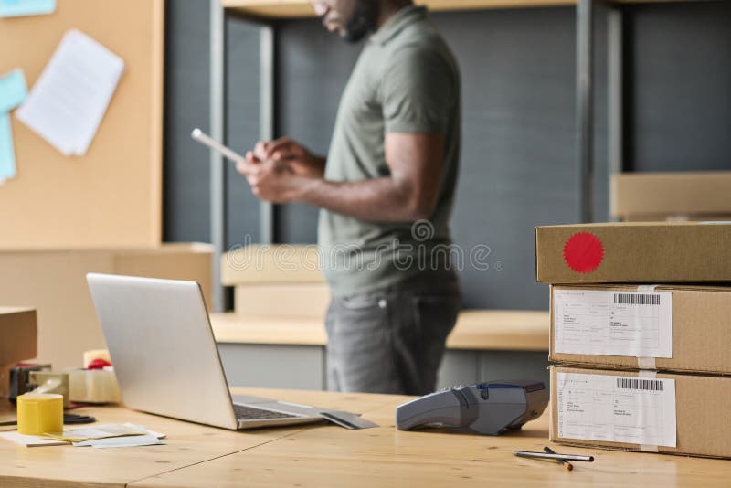 Workplace of Warehouse Worker with Laptop Stock Photo - Image of ...