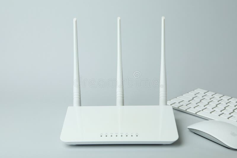 Wi - Fi Router on Gray Wooden Table, Close Stock Image - Image of ...