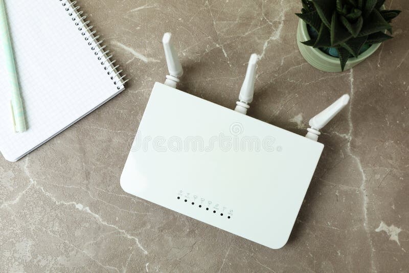 Workplace with Wi - Fi Router on Gray Textured Stock Image - Image of ...