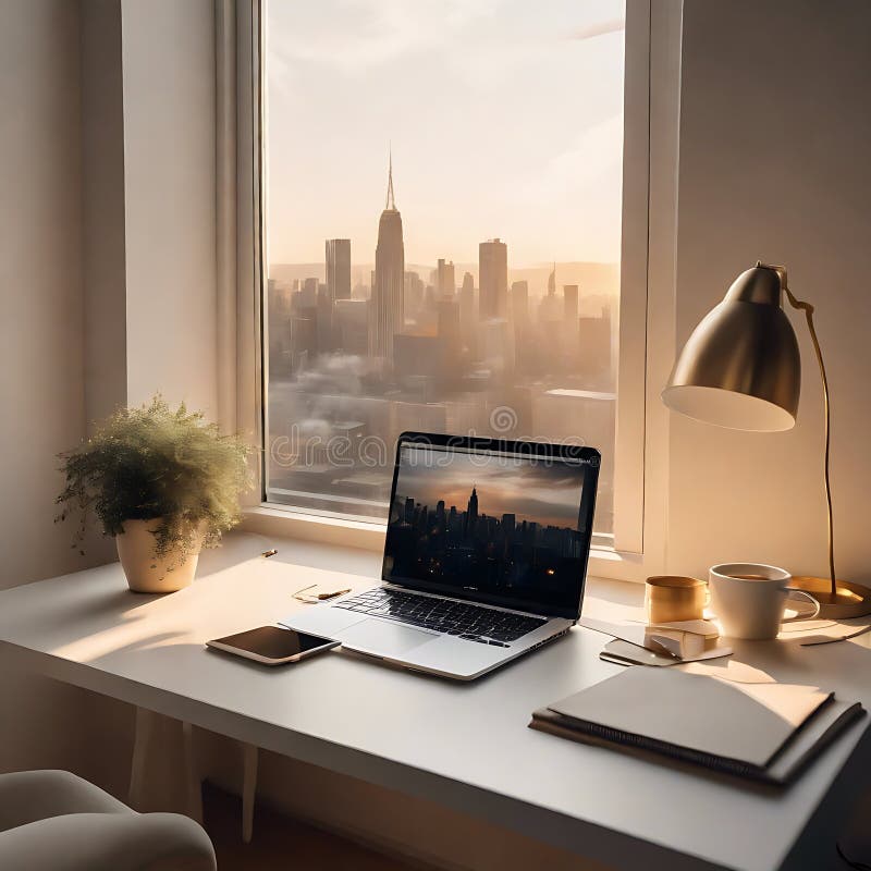 Workplace by the Window with a View of the City Landscape. There is an ...