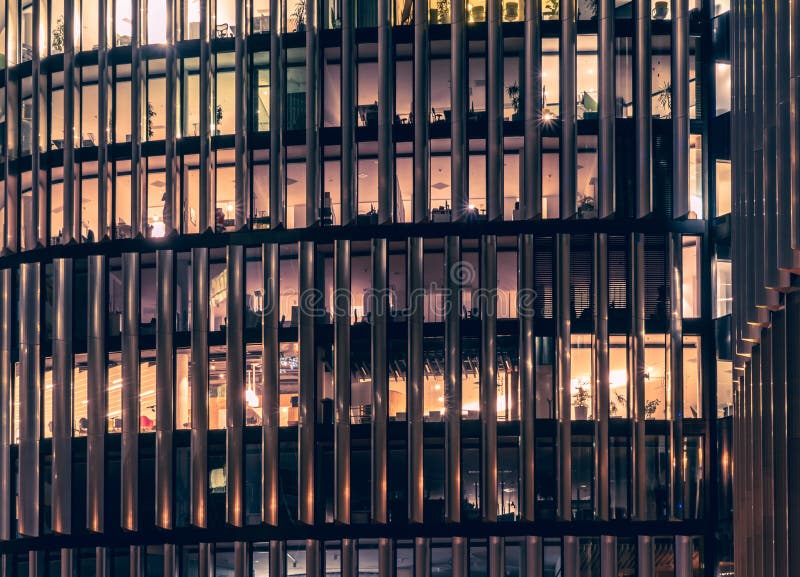 Workplace Windows in Office Center Stock Image - Image of center, dusk ...