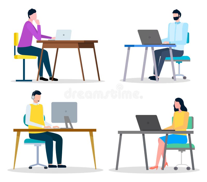 Workplace, Working with Laptops, Set of Businesspeople Working with ...