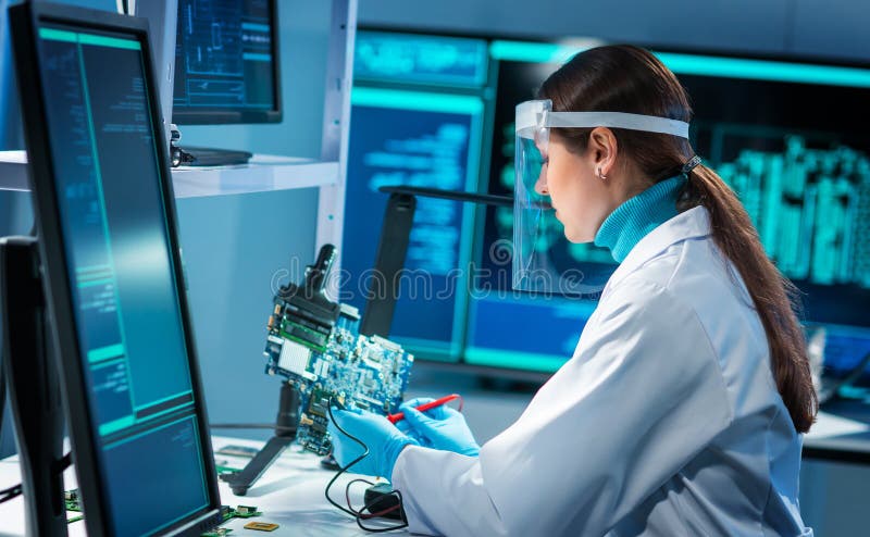 Workplace of Young Woman in Modern Microelectronics Manufacturing Lab ...