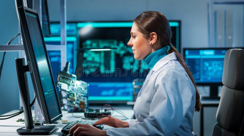 Workplace of Young Woman in Modern Microelectronics Manufacturing Lab ...