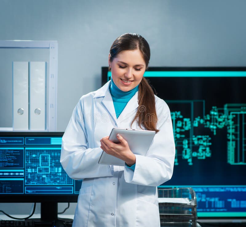 Workplace of Young Woman in Modern Microelectronics Manufacturing Lab ...