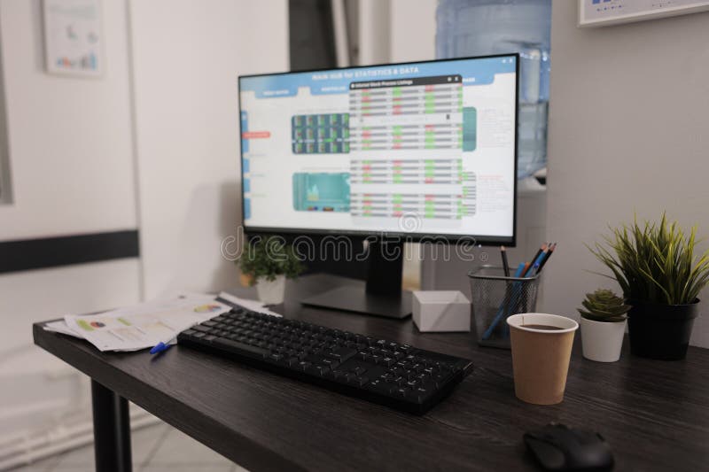 Workplaces with Computer without People in Coworking Office Stock Image ...