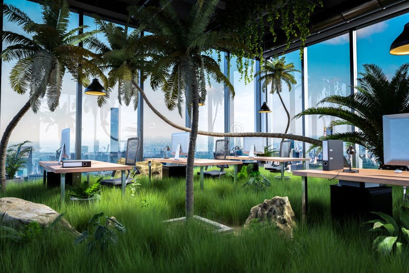 Workplaces with Computers in a Modern Loft Open Office Overgrown by ...