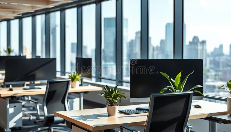 Workplaces in the Office with Computers and Monitors. Modern Office ...