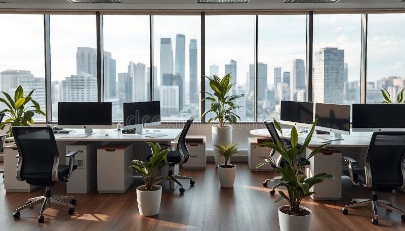 Workplaces in the Office with Computers and Monitors. Modern Office ...
