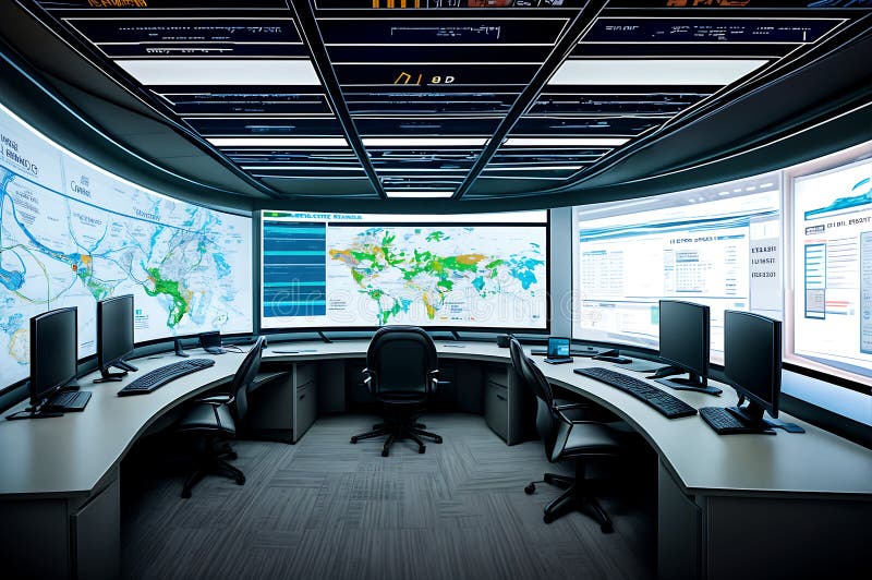 Work Room with Workbenches with Monitors on Them and Digital Panels ...