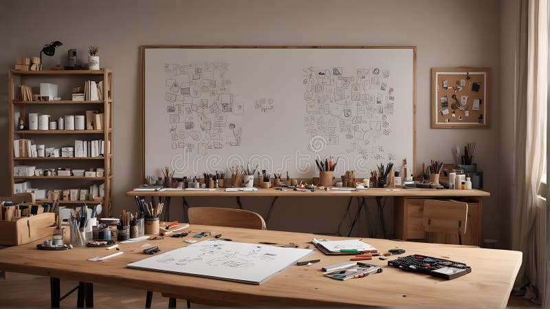 A Workroom with a Large and Natural Wood Desk. Side View Stock ...