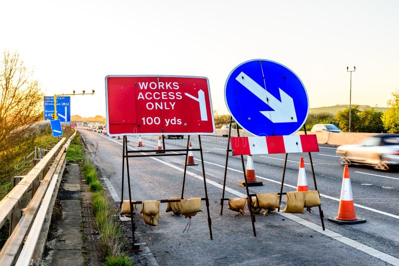 Works Access only Sign Next To Roadworks Cones Flashing on UK Motorway ...