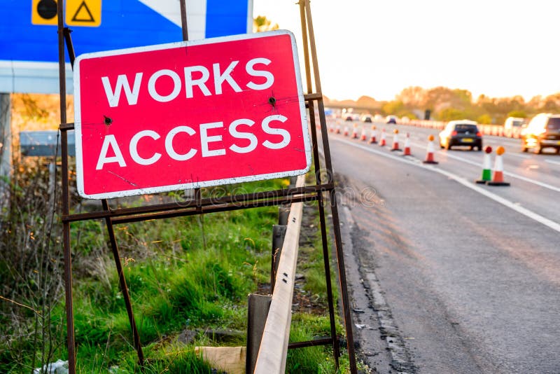 Works Access only Sign Next To Roadworks Cones Flashing on UK Motorway ...