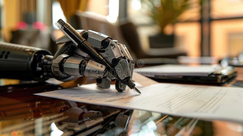 Works Signs Documents in a Work Office, Hand Close-up, Human and AI ...