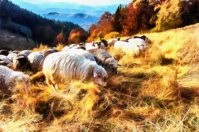 The Works in the Style of Watercolor Painting. Flock Sheep Stock Photo ...