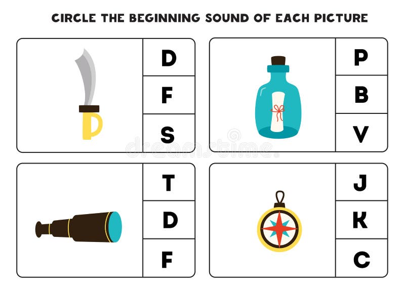 Worksheet for Kids. Find the Beginning Sound of Pirate Elements. Stock ...