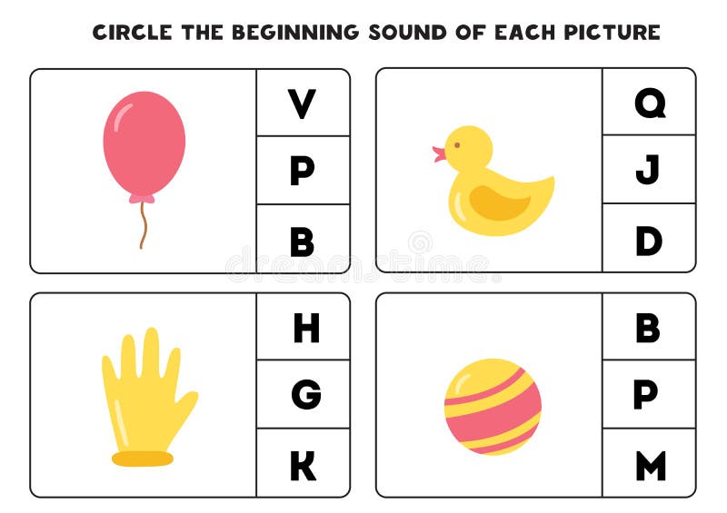 Worksheet for Kids. Find the Beginning Sound of Rubber Objects. Stock ...