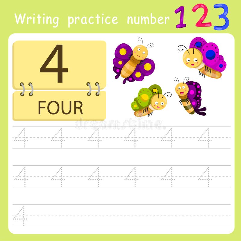 Worksheet Writing Practice Number Four Stock Vector - Illustration of ...