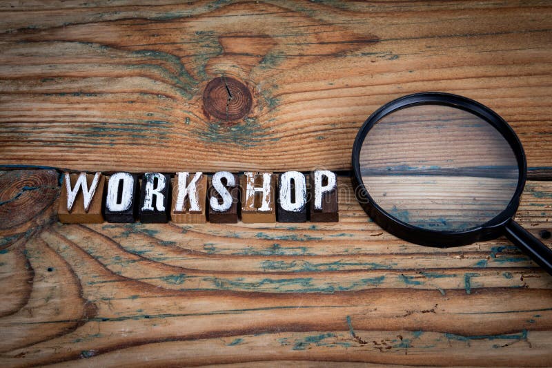 WORKSHOP. Alphabet Letters on Wood Texture Background Stock Photo ...