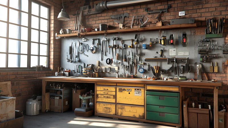 A Workshop Bench with Organized Tools and a Vise Ready for Use Stock ...