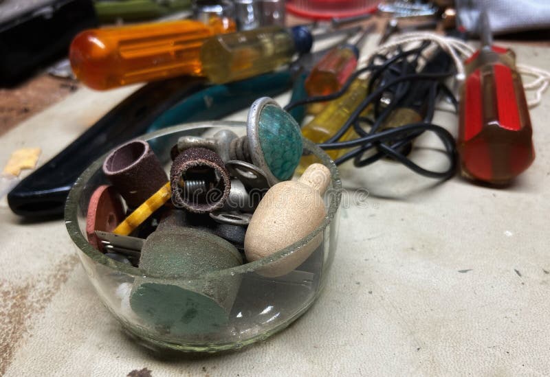 Workshop Bench with Random Assortment of Tools, Odd Parts and Cords ...