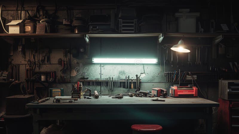 Workshop Bench with Various Tools Under Fluorescent Light Stock Photo - Image of industrial ...