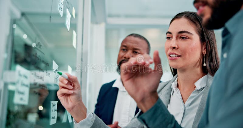 Workshop, Brainstorming and Business People at Glass with Moodboard, Creative or Collaboration ...