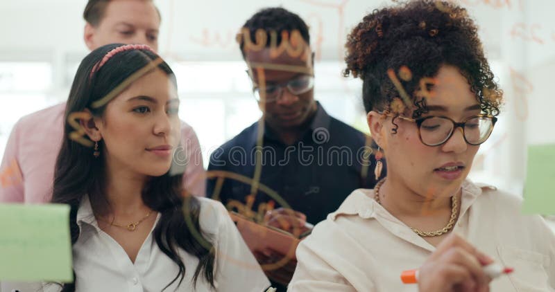 Workshop, Brainstorming and Business People Writing on Glass for Planning, Development and ...