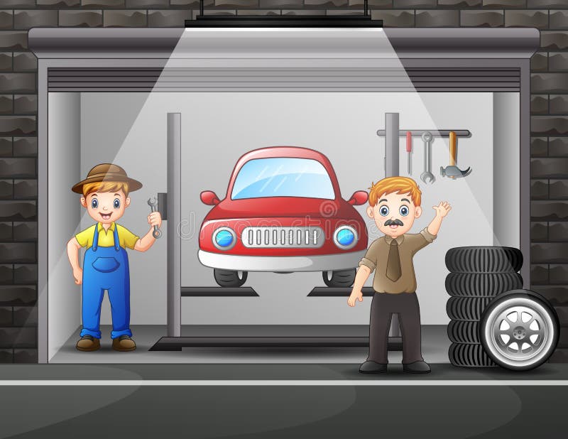 Workshop Car Repair with Elements and Worker Man Stock Vector ...