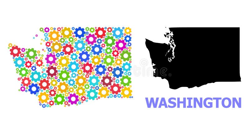 Workshop Collage Map of Washington State with Multi-Colored Gears Stock ...
