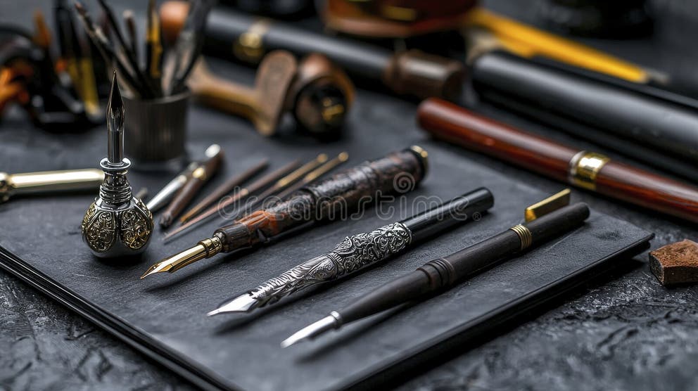 Workshop Displaying Elegant Calligraphy Tools in an Artistic ...