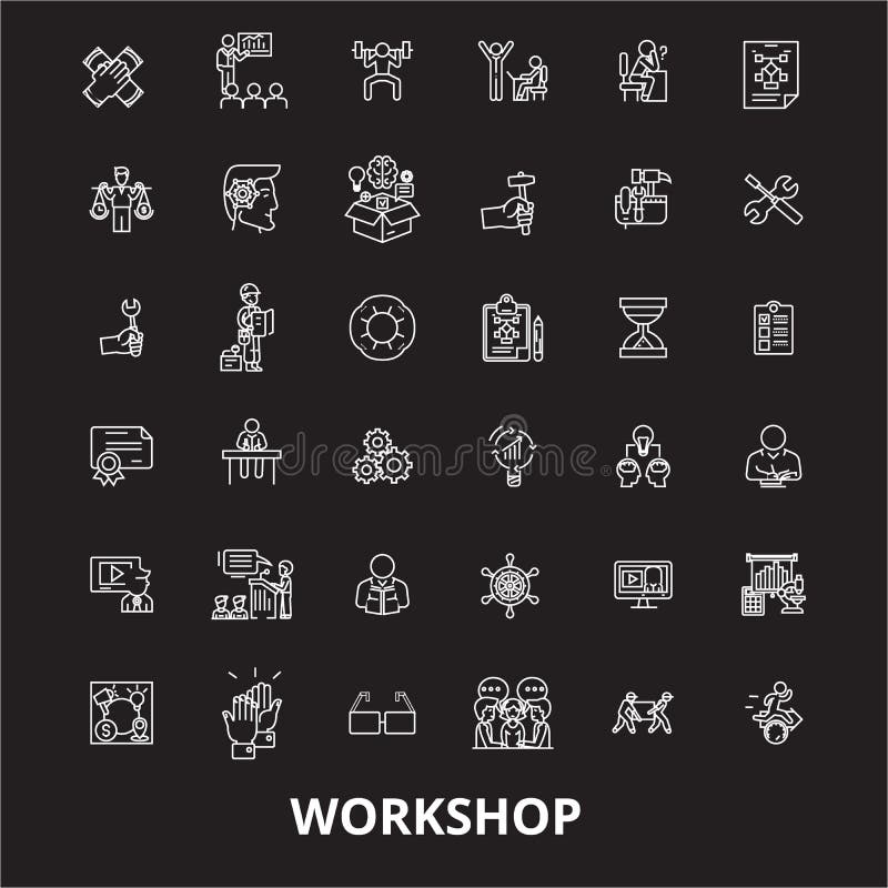 Workshop Editable Line Icons Vector Set on Black Background. Workshop ...