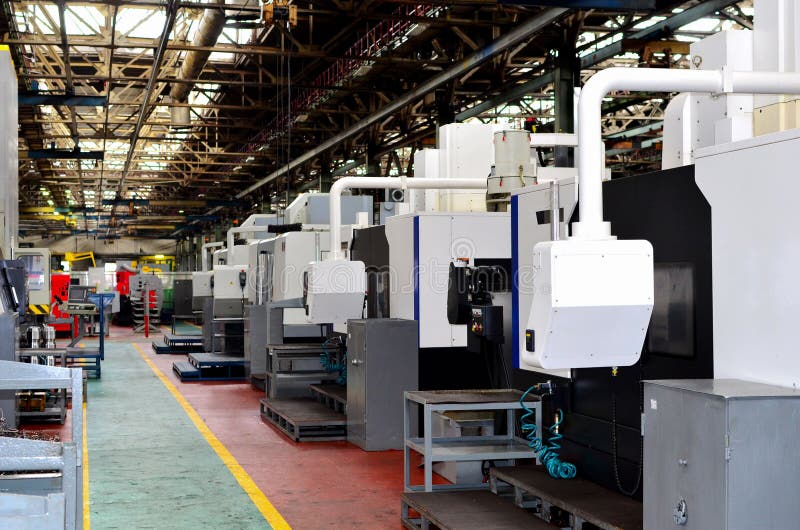 Workshop of a Factory with Automatic CNC Turning Machines. High ...