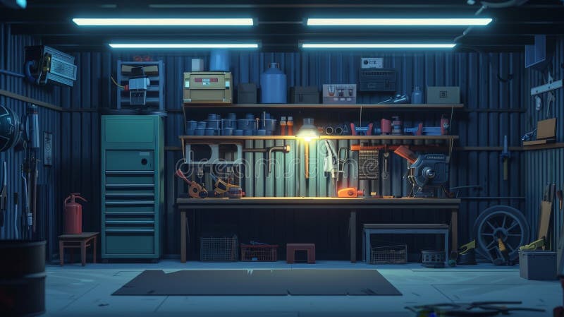 A Workshop Interior at Night with a Tool Shelf and Spotlight in the ...