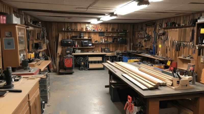 Workshop Interior with Tools and Wooden Boards Stock Illustration ...