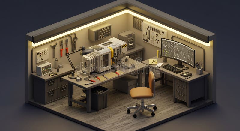 Workshop Isometric View with Tools and Computer Stock Illustration ...