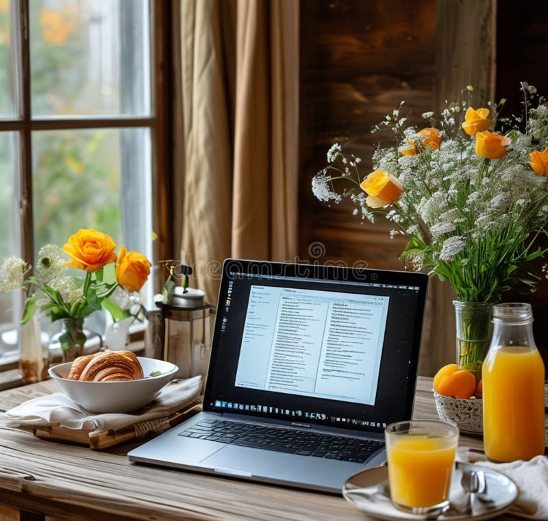 Workshop, Laptop on a Office Table with Morning Breakfast Stock Image ...