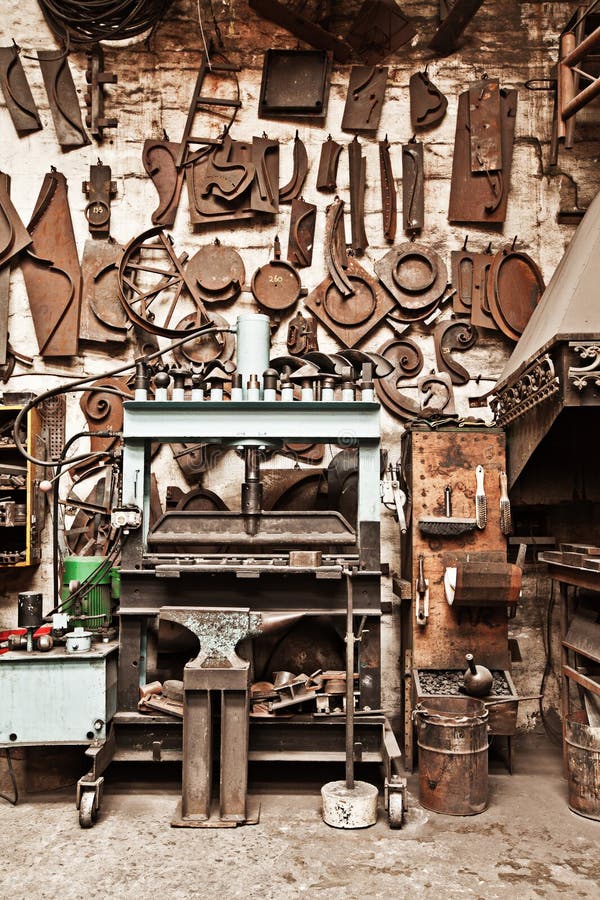 Workshop, Metal Tools and Forge with Wall Background for Industry ...