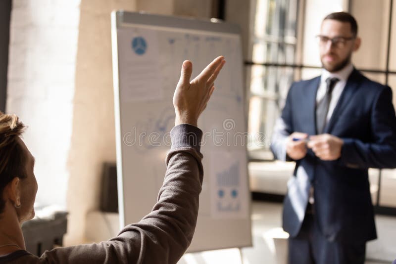 Workshop Participant Raise Hand Ask Question Closeup Focus on Arm Stock ...