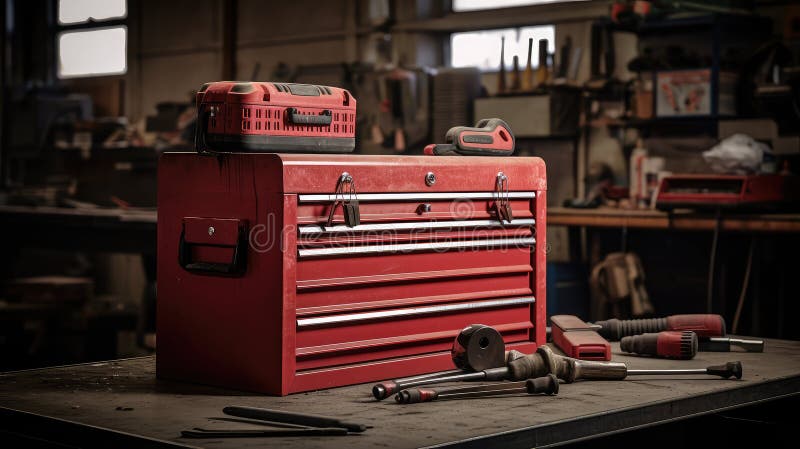 Workshop red tool box stock illustration. Illustration of work - 369135685