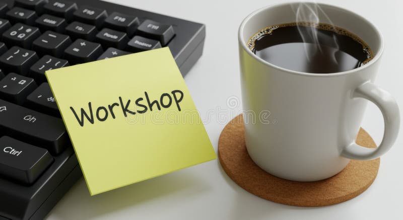 Workshop Reminder on Sticky Note Next To Coffee and Keyboard for Work ...