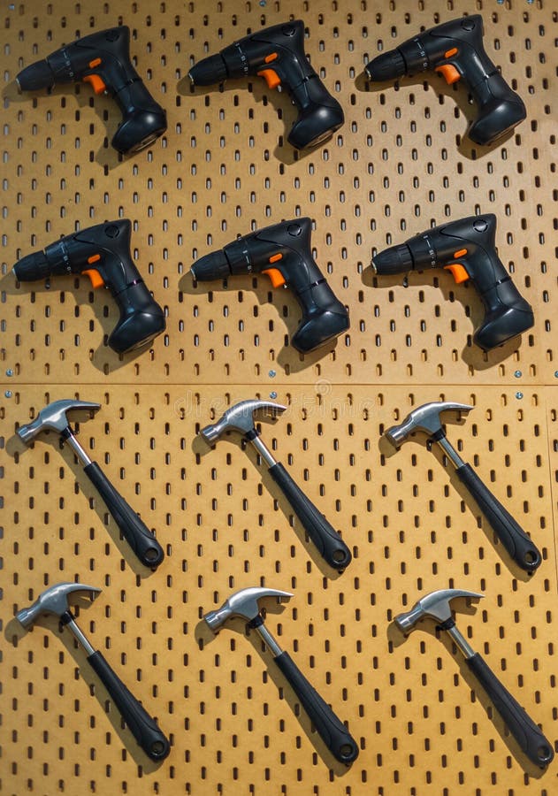 Workshop Scene. New Tools Hanging on Wall in Workshop, Tool on the Wall ...