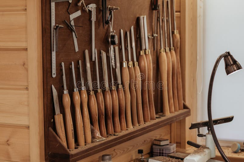 Workshop Scene. Old Tools Hanging on Wall in Workshop, Tool Shelf ...