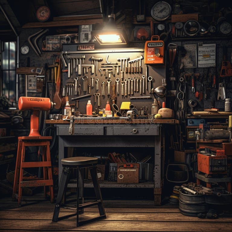 Workshop Scene. Tools in a Box. Garage. Generative AI Stock Photo ...