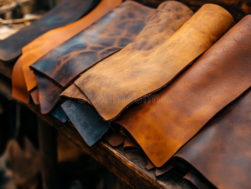 In a Workshop Setting, a Close-up Reveals Leather Scraps in Various ...