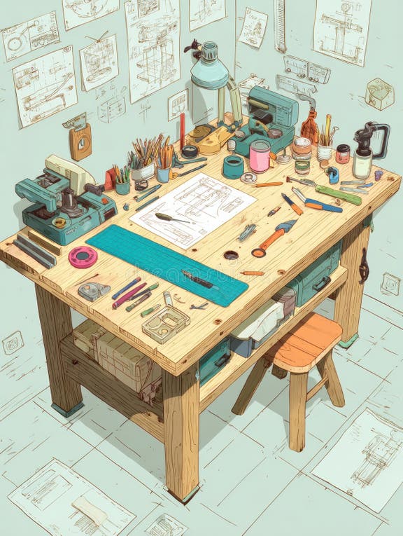 DIY Workshop Table Filled with Tools, Sketches, and Creative ...